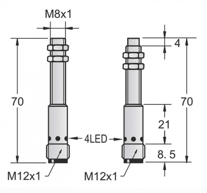 70mm M8 Cylindrical Sensor Proximity Inductive Switch With M12 4 Pin Plug Connector